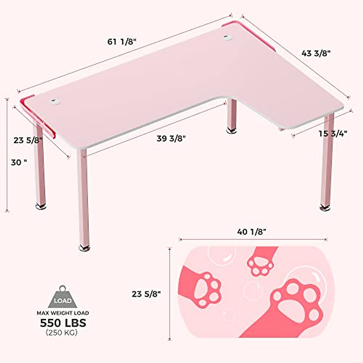 EUREKA ERGONOMIC Gaming Desk Pink,60 Inch Pink L Shaped Gaming Desk, Gaming Table Pink with Free Mouse Pad for Girls Home Office Wood & Metal Space-Saving,Easy to Assemble,Computer Desk Pink