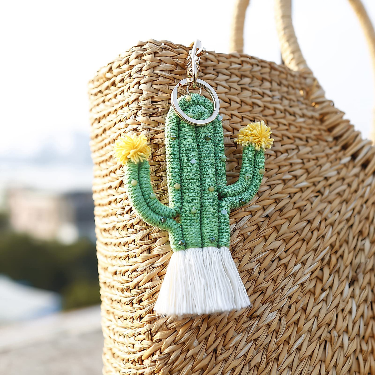 ZOONAI Women Girls Weaving Cactus Tassel Keychain Bag Keyring Holder Wallet Purse Pendant Decorations (A-Light Green)