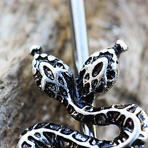 Covet Jewelry 316L Stainless Steel Two-Headed Snake with Ruby Red CZ Industrial Barbell