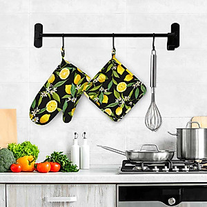 Mxocom Lemon Fruits Silicone Oven Mitts and Pot Holders Sets Flowers Leaves Lemons BBQ Gloves for Kitchen,Cooking,Baking,Grilling