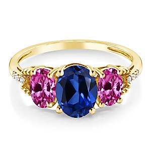 Gem Stone King 2.64 Ct Oval Blue Created Sapphire Pink Created Sapphire 10K Yellow Gold Ring (Size 9)