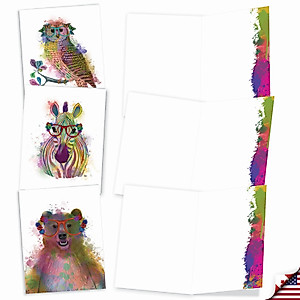 The Best Card Company - 10 Mixed Animals Watercolor Greeting Cards Blank with Envelopes, Thinking of You Thank You Notecards Set 4 x 5.12, Funky Rainbow Wildlife M4948OCB-B1x10