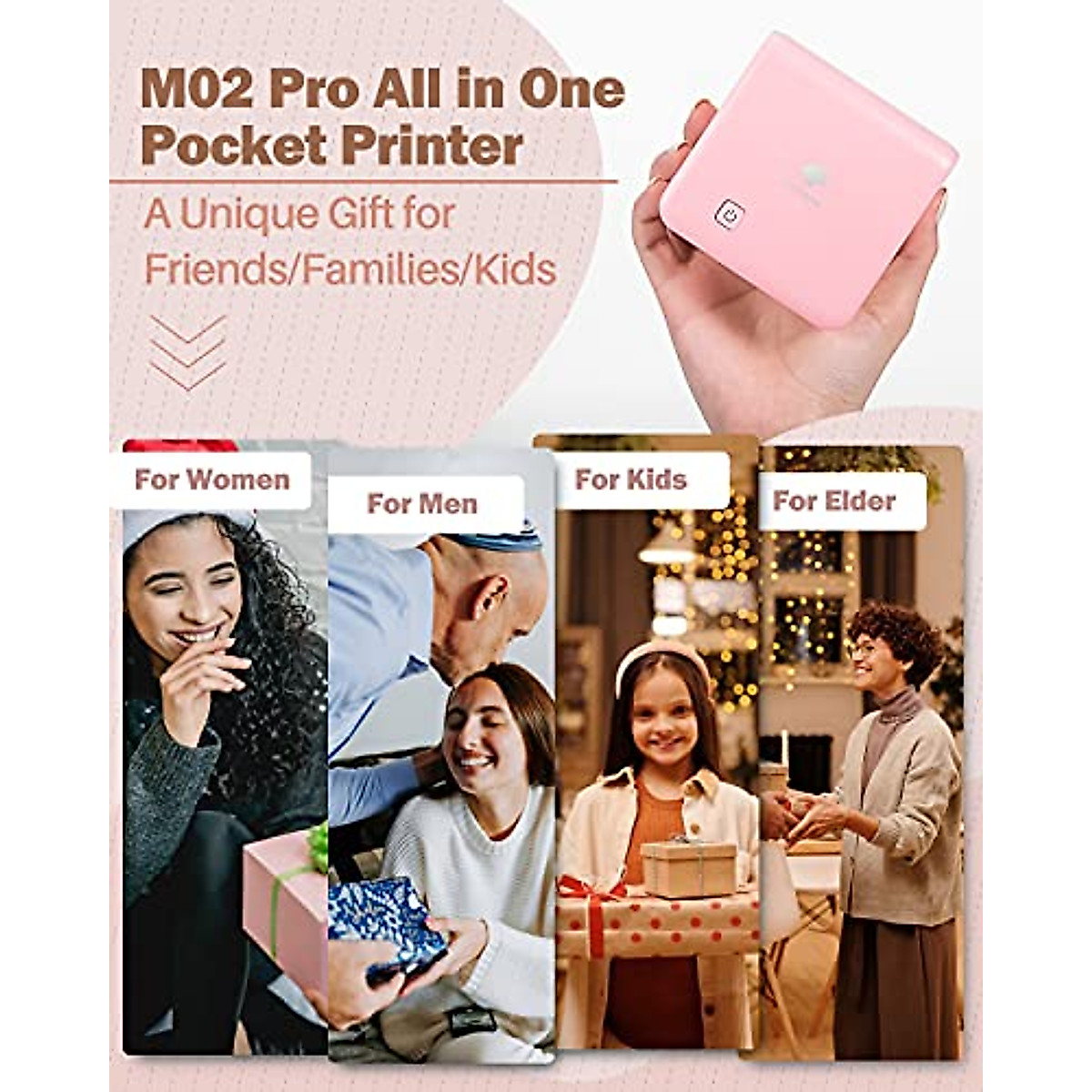 Phomemo 300dpi Pocket Phone Printer- M02 Pro Mini Photo Printer Wireless Thermal Printer for iOS and Android, Plan Journal, Organization, Art Creation, Gift, Pink