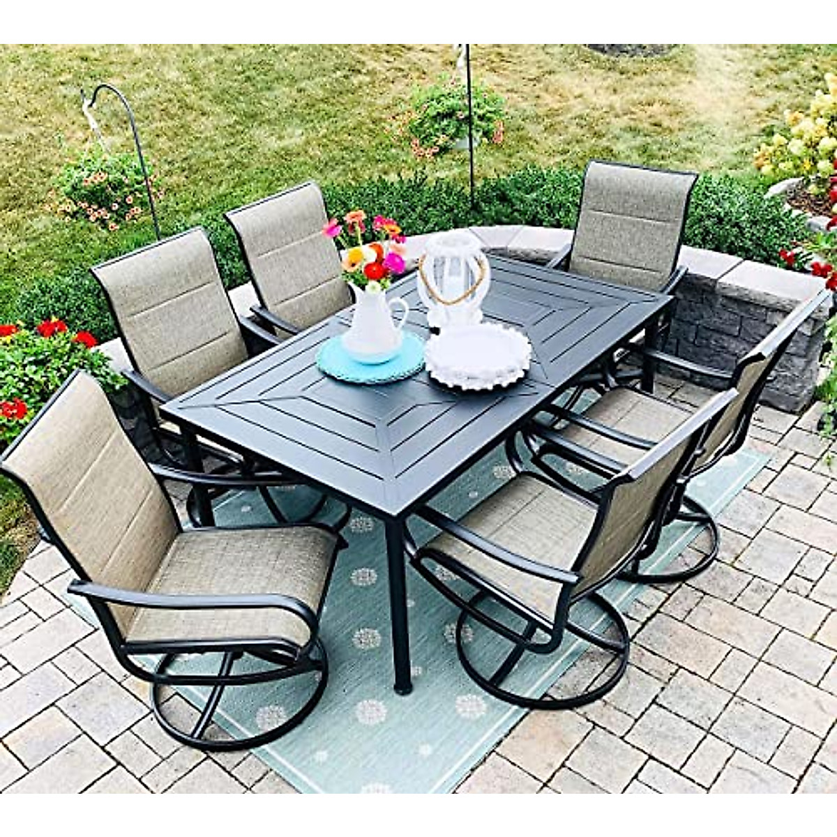 PHI VILLA 7 Piece Patio Dining Set, Outdoor Table and Chairs Furniture Dining Set with 6 Outdoor Swivel Dining Chairs and 1 Large Metal Table, Patio Set for Lawn Garden Deck, Padded Textilene