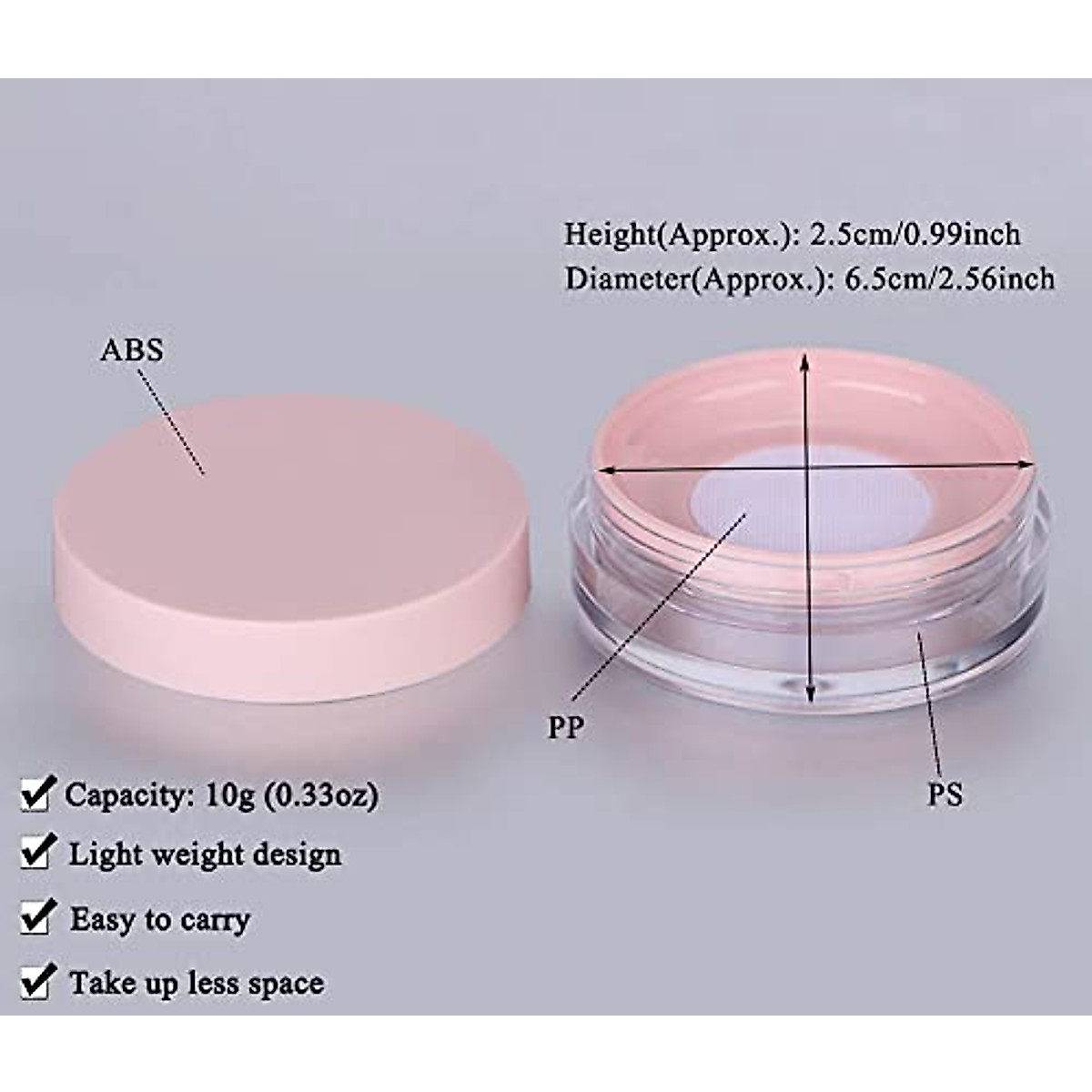 AKOAK Capacity 10 ml(0.33 oz) No Leaks Empty Reusable Plastic Loose Powder Compact Container DIY Makeup Powder Case with Sponge Powder Puff,Elasticated Net Sifter and Pink Threaded Screw Lid