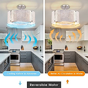 Zhizenl Ceiling Fans with Lights, Crystal Modern Flush Mount Ceiling Fan with Remote Control, Dimmable LED 6 Wind Speeds Low Profile Caged Ceiling Fan with Light for Bedroom Living Room