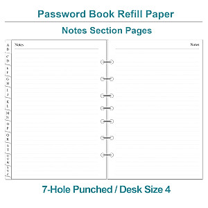 Password Book Refills - A-Z Password Notebook Refill Paper with Alphabetical Tabs, 120gsm White Paper, 7-Hole/Desk Size 4, 5.8" x 8.3"