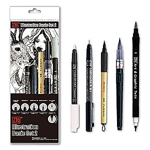 Kuretake Zig Inktober Special Set, Illustration Basic Set 2, 4 Black Markers and 1 White Brush Pen, for Manga Drawing, Lettering and Calligraphy, Professional Artist Quality, Made in Japan