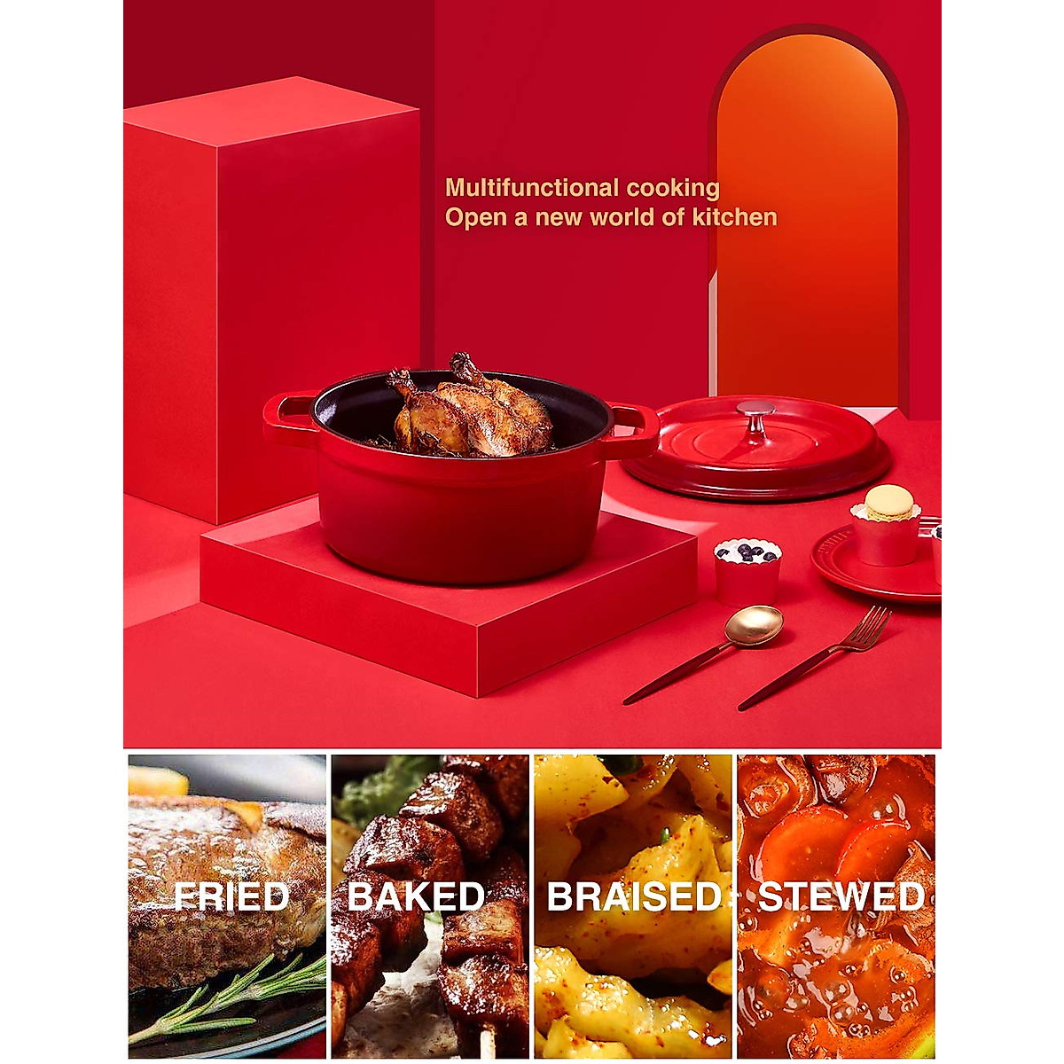 SULIVES Enameled Cast Iron Dutch Oven Non-Stick Cookware Pot with Lid Suitable for Bread Baking Use on Gas Electric Oven 1.5 Quart, Red