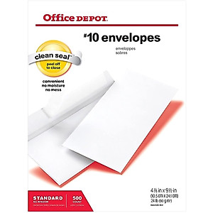 Office Depot Clean Seal(TM) Envelopes, 10 (4 1/8in. x 9 1/2in.), White, Box Of 500, 12014