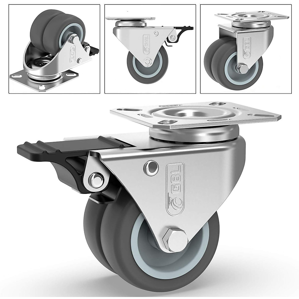 GBL 2 inch Casters Set of 4 Heavy Duty with 2 Locking Brakes + Screws - Up to 880Lbs - Swivel Caster Wheels - No Floor Marks Silent Plate Casters - Silver Castor