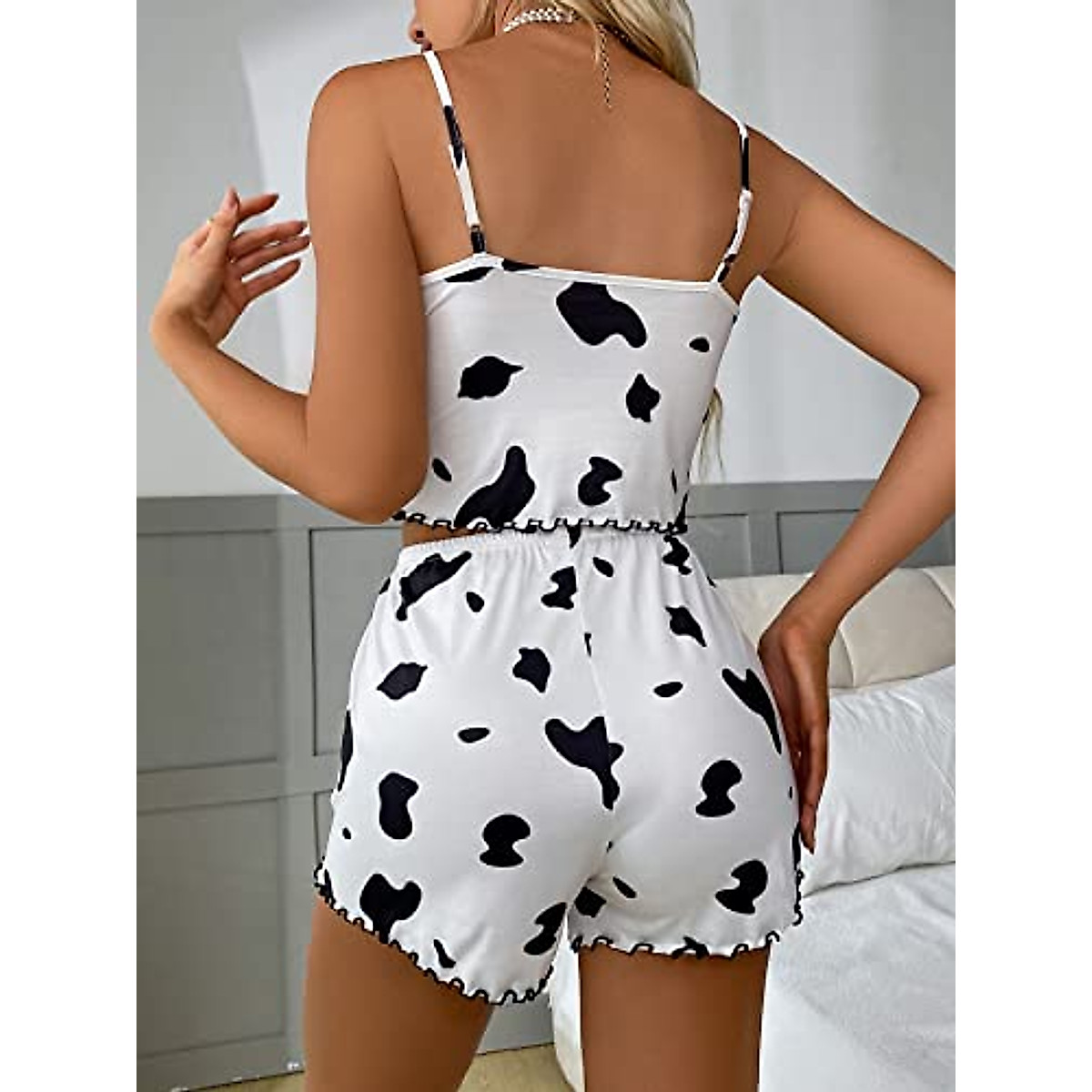 WDIRARA Women's 2 Piece Sleepwear Satin Cow Print Crop Cami Top and Shorts Summer Pajama Set Cute White M
