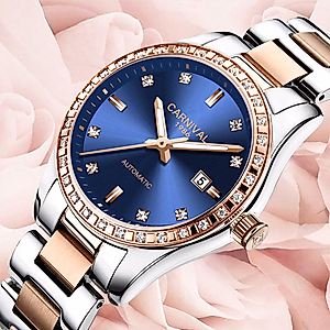 Women's Diamond Automatic Mechanical Rose Gold Stainless Steel Sapphire Waterproof Lady's Elegant Blue Watch (blue dial)