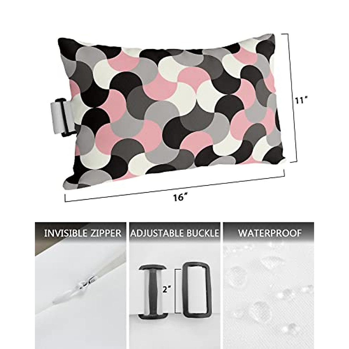Recliner Head Pillow Ledge Loungers Chair Pillows with Insert Mid Century Pink Grey Black Abstract Geometric Art Modern Lumbar Pillow with Adjustable Strap Patio Cushion for Sofa Bench Couch, 2 PCS