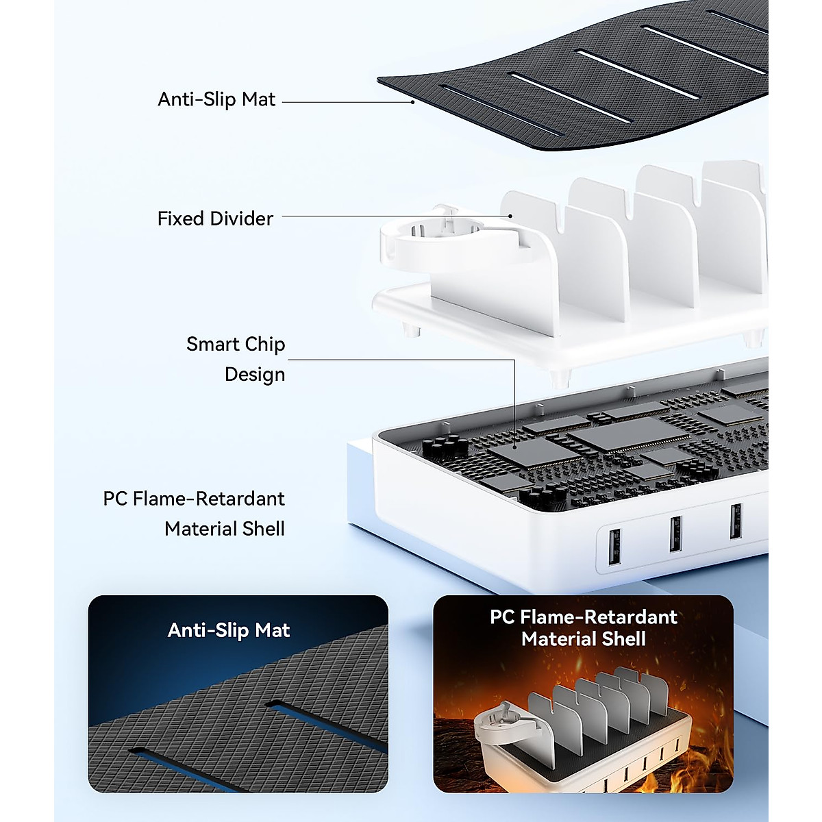 Honcila Charging station for multiple devices, 50W 6 Ports Multi Charger Station Charging Dock with Groove Design and 6 Mixed Charging Cables for iPhone, iPad, Kindle, Tablet, Cellphone and Others