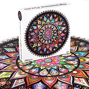 Bgraamiens Puzzle-Geometric Colorful Mandala-1000 Pieces Creative Geometric Round Blue Board Colorful Mandala Jigsaw Puzzle