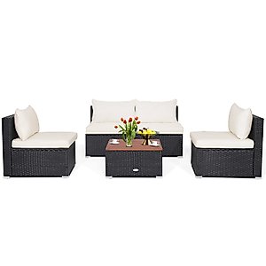 Tangkula 5 Piece Outdoor Patio Furniture Set, Patiojoy PE Wicker Conversation Set with Solid Acacia Wood Tabletop and Soft Cushions, Patio Sectional Sofa Furniture Set for Garden, Poolside (Off White)