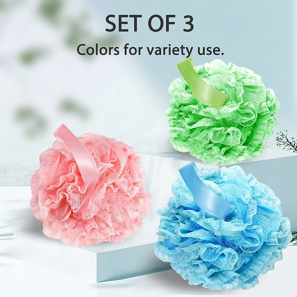 LYFONDYI Shower Puff Bath Sponge Shower Loofahs for Body wash Color Pouf Ball Exfoliating Body Scrubber Set of 3(Red & Green & Blue)