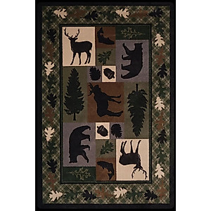 Qmkmyy Vintage Lodge Cabin Area Rug 6'x9' Hunting Bear Deer Print Rugs Rustic Wildlife Living Room Rug Country Style Leaf Carpet Low Pile Floor Mat,Black