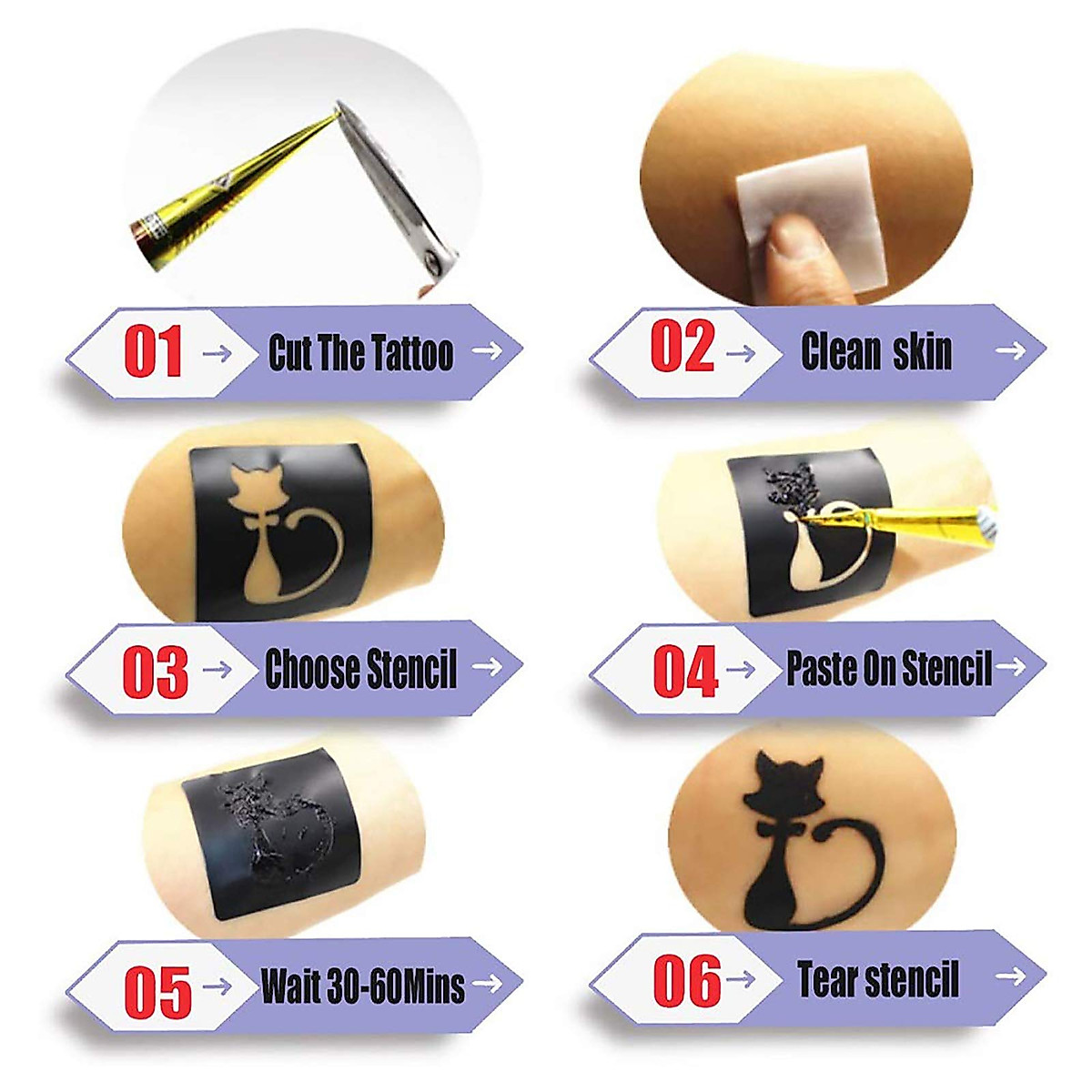 Temporary Tattoos Kit, 4Pcs Semi Permanent Tattoo Paste Cones, India Body DIY Art Painting for Women Men Kids, Summer Trend Freehand Plaste with 3 Colors,20Pcs Adhesive Stencil,1Pc Bottle,4Pcs Nozzles