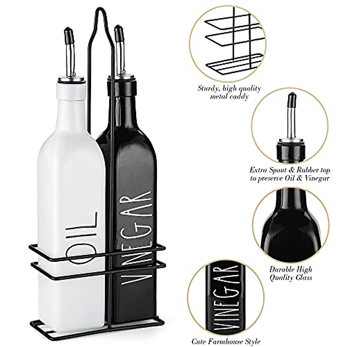 Brighter Barns Farmhouse Oil and Vinegar Dispenser Set Black & White Olive Oil Dispenser Bottle with Caddy Holder & Stainless Steel Spout - Cute Modern Vintage Glass Cruet for Kitchen -500ml 17oz