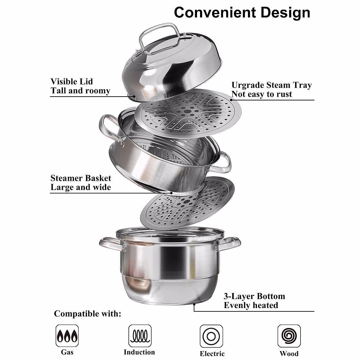 VENTION Large Indution Steamer Pot(32cm), 3 Tier Steamer for Cooking, 12 7/10 Inch Stainless Steel Steamer Pot for Cooking, Steam Pot for Dumpling