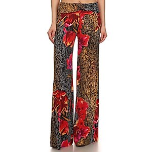 YELETE Women's High Waist Full Length Wide Leg Palazzo Pants with Fold Over Waist Band(Wild Flower-Large)