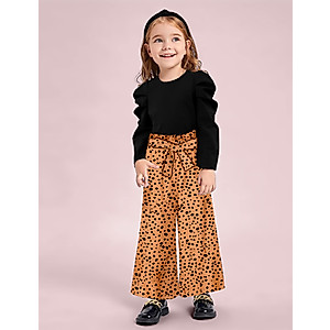 MIGU Toddler Girl Clothes 4T-5T Girls Fashion Clothes Black Round Neck Puff Sleeves Knitted Shirt Long Sleeve Top Leopard Print Spotted Pants Headband 3Pcs Girls Gifts Set