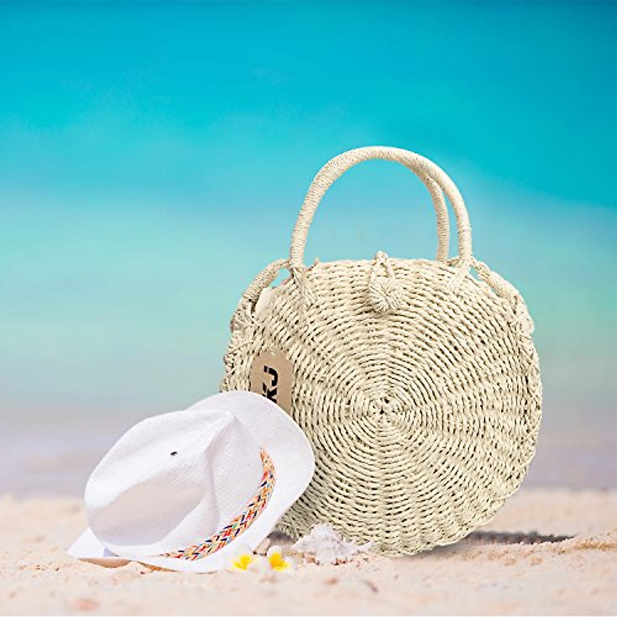 QTKJ Summer Beach Round Rattan Bag, Hand Woven Bali Straw Tote Crossbody Handbag for Womens