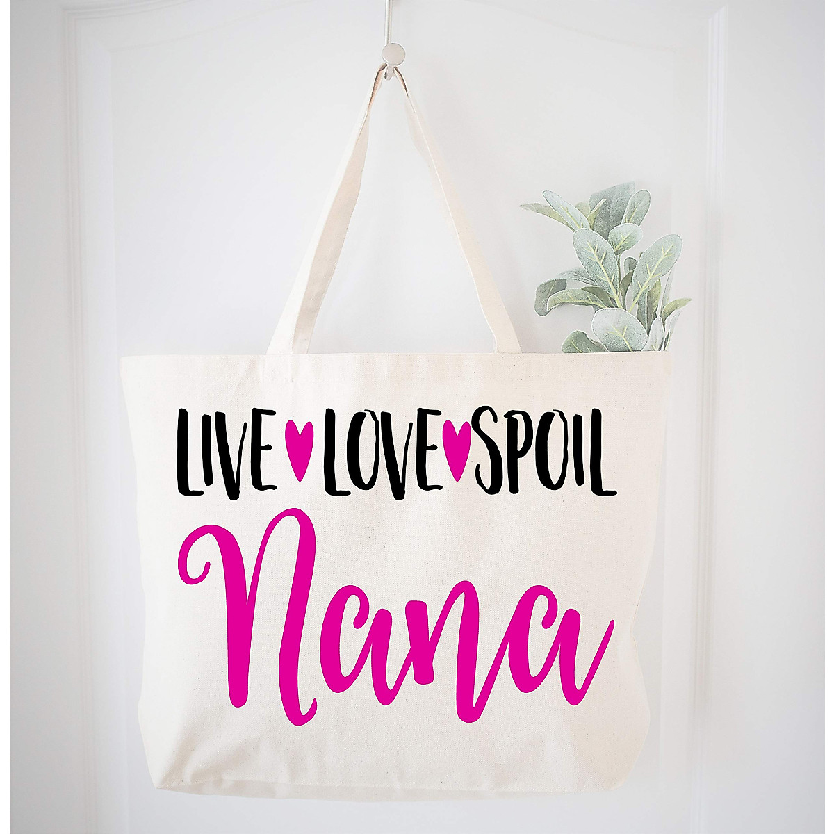 COCOVICI Nana Tote Bag | Grandma Gifts | Nana Gifts | Nana Christmas Gift | Christmas Gift from Grandkids (Live Love Spoil Pink/Black Font)