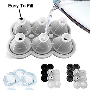 LiyuanQ Ice Cube Trays 2 Pack Large Silicon Ice Cubes Mold 2-Inch Ice Ball Maker Round Ice Mold with Funnel and Lid, Easy-Release, No Leakage, for Whiskey, Cocktail, Juice, Party (Black & Grey)