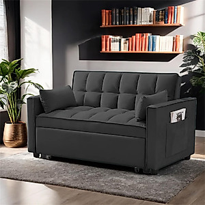 Zacis 3 in 1 Convertible Sleeper Sofa Couch Bed, Modern Space Saving Velvet Sofa Bed with Armrests, Storage Pockets & 2 Pillows, Sofa Bed Couch for Living Room Bedroom Office Apartment