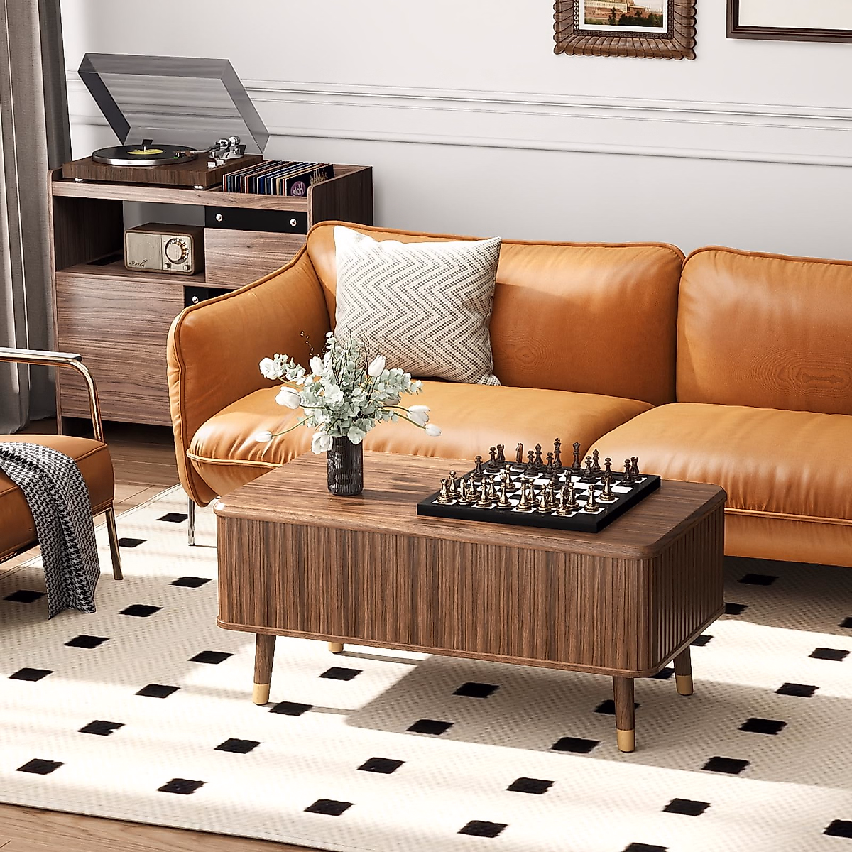 JOINICE,Lift Top Coffee Table with Storage,Mid Century Modern Coffee Table,Fluted Wood Coffee Table,Multi-Functional Center Table for Living Room,Convenient for Dining,Gaming,or Working,Walnut