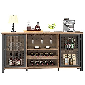 Launica Wine Bar Cabinet, Industrial Coffee Bar Cabinet Farmhouse for Liquor and Glasses, Sideboard Buffet Cabinet with Storage Rack for Home Kitchen Dining Room, Rustic Oak, 55 In