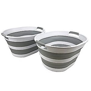 SAMMART 23L (6 Gallons) Set of 2 Collapsible Plastic Laundry Basket - Oval Tub - Foldable Storage Container/Organizer - Portable Washing Tub - Space Saving Laundry Hamper (White/Grey)