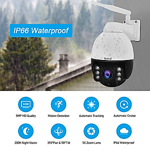YoLuKe PTZ Camera Outdoor,5MP 5X Optical Zoom WiFi IP Camera with 360° Rotate and 30 Meter View Distance/Human Detection & Auto Tracking/Two Way Audio/IP66 Waterproof/Night Vision