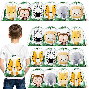 Ferraycle 18 Pcs Safari Drawstring Bags Safari Goodie Bags Party Favors Bags Party Treat Bags Safari Jungle Animals Party Bags for Birthday Party Baby Shower, 9.8 x 11.8 Inch (Safari Theme)