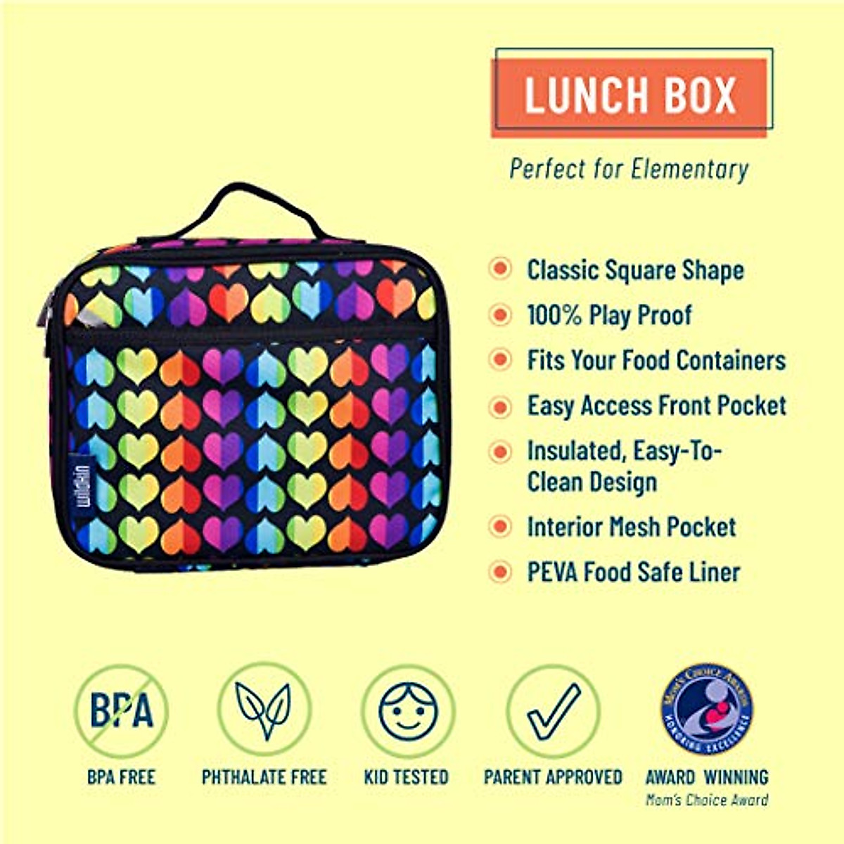 Wildkin Kids Insulated Lunch Box Bag for Boys & Girls, Reusable Kids Lunch Box is Perfect for Elementary, Ideal Size for Packing Hot or Cold Snacks for School & Travel Bento Bags (Rainbow Hearts)