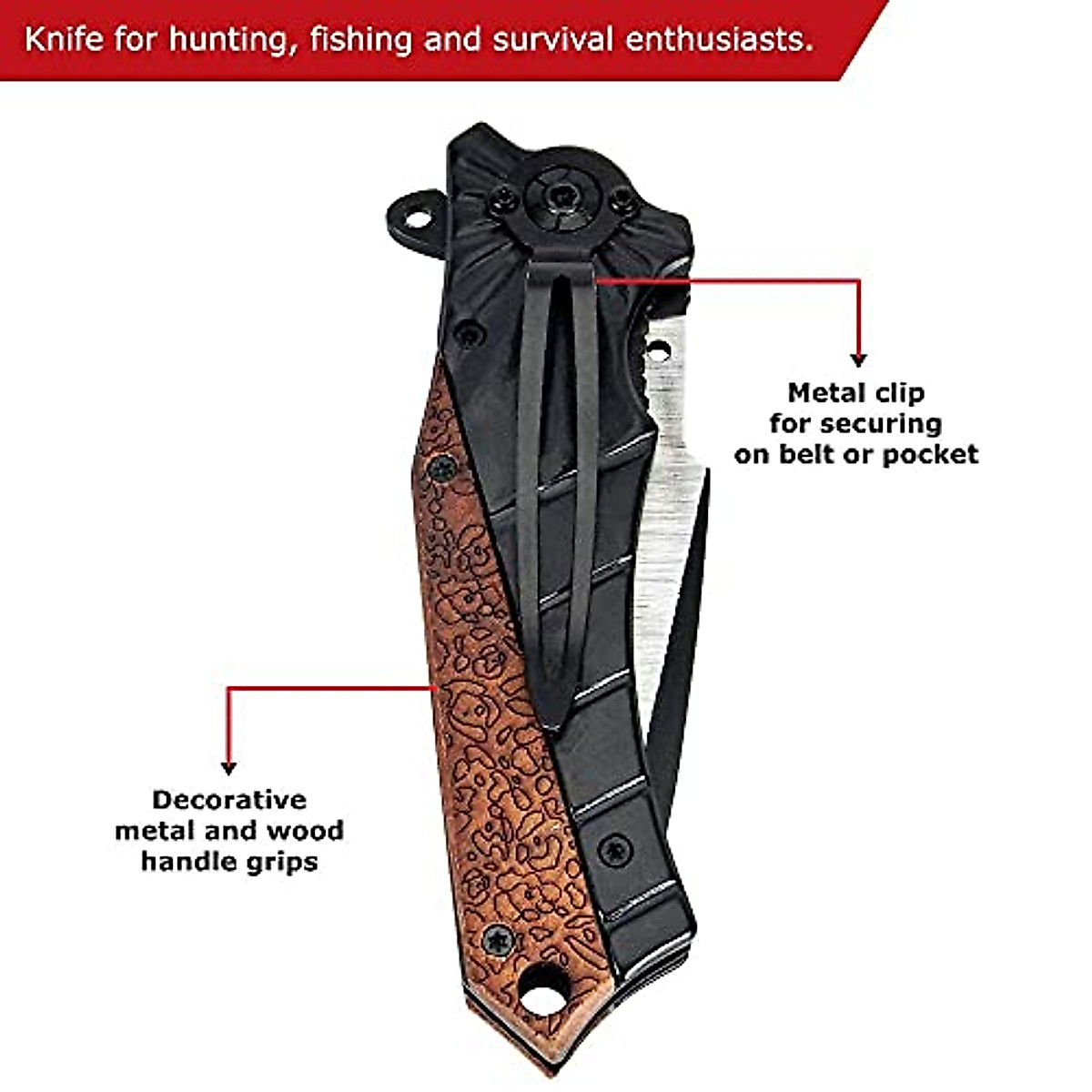 Spring Assisted Pocket Knife with Clip, Folding Pocket Knife - Decorative Metal and Wood Handle Grip