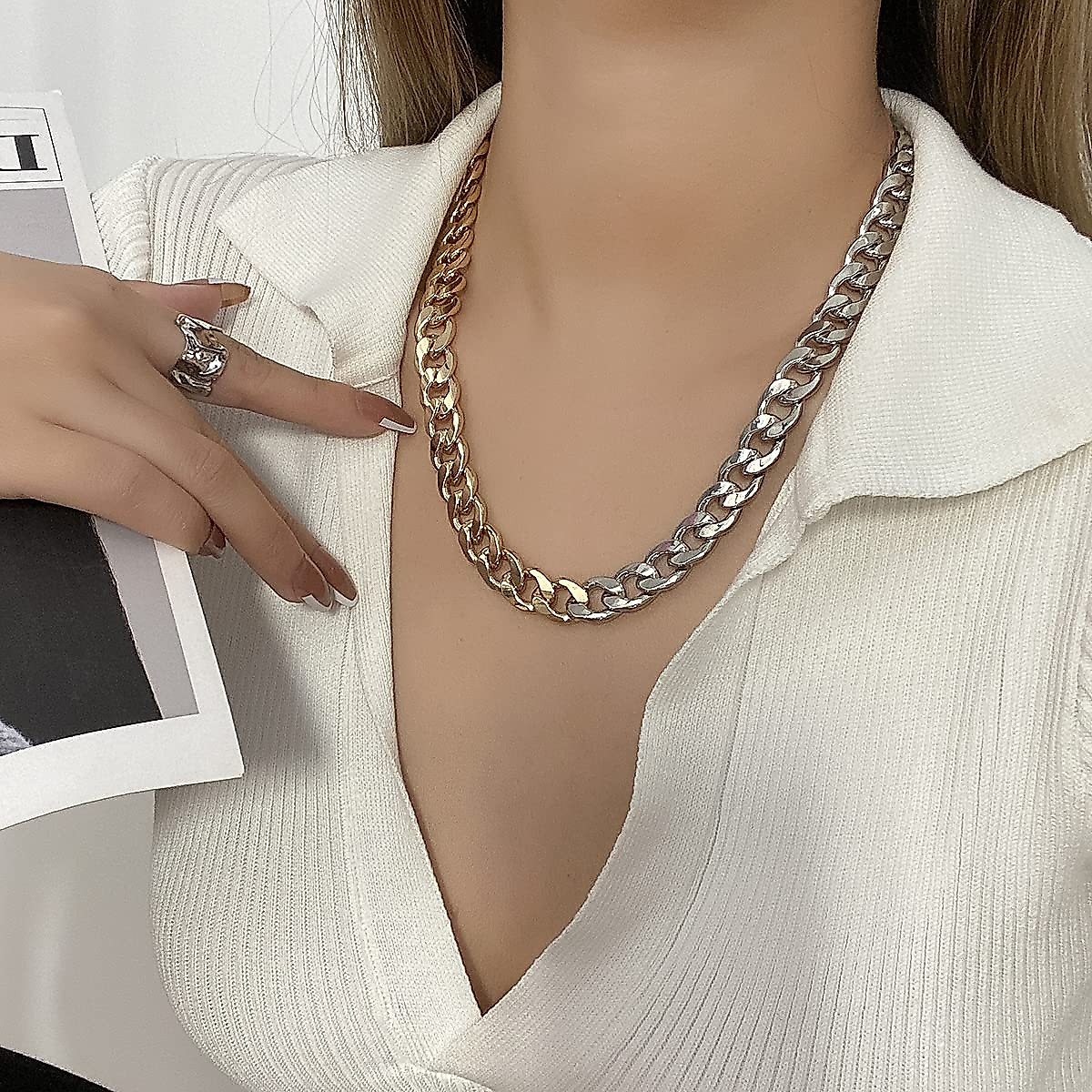 Fashion Necklace Punk Chunky Gold Silver Color Thick Cuban Chain Necklace for Women Men Hip Hop Trend Mixed Color Heavy Metal Jewelry Necklace