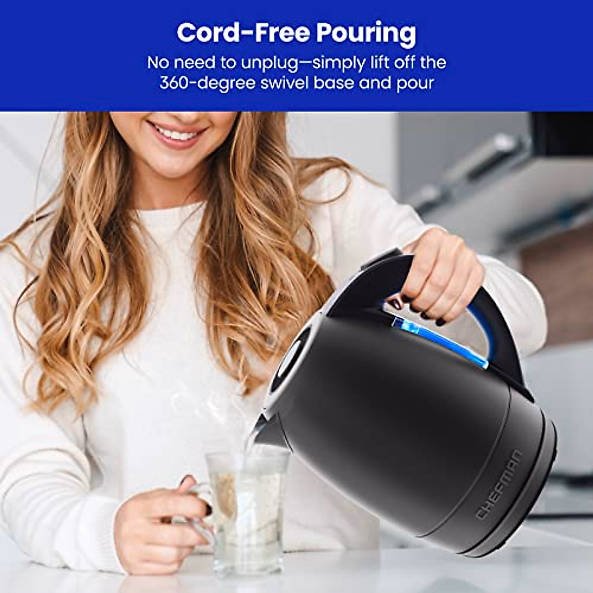 Chefman Electric Kettle, 1.8 Liter Stainless Steel Electric Tea Kettle Water Boiler with Automatic Shutoff, LED Lights, Boil-Dry Protection, Hot Water Electric Kettles for Boiling Water, Black