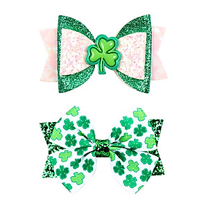 St Patricks Day Hair Bow 3" Girls Glitter Sequin Shamrock Bow Decor Clips Irish Green Grosgrain Ribbon Alligator Barrettes Handmade St Patty Cheer Accessories for Women Toddler Teens Kids Kit
