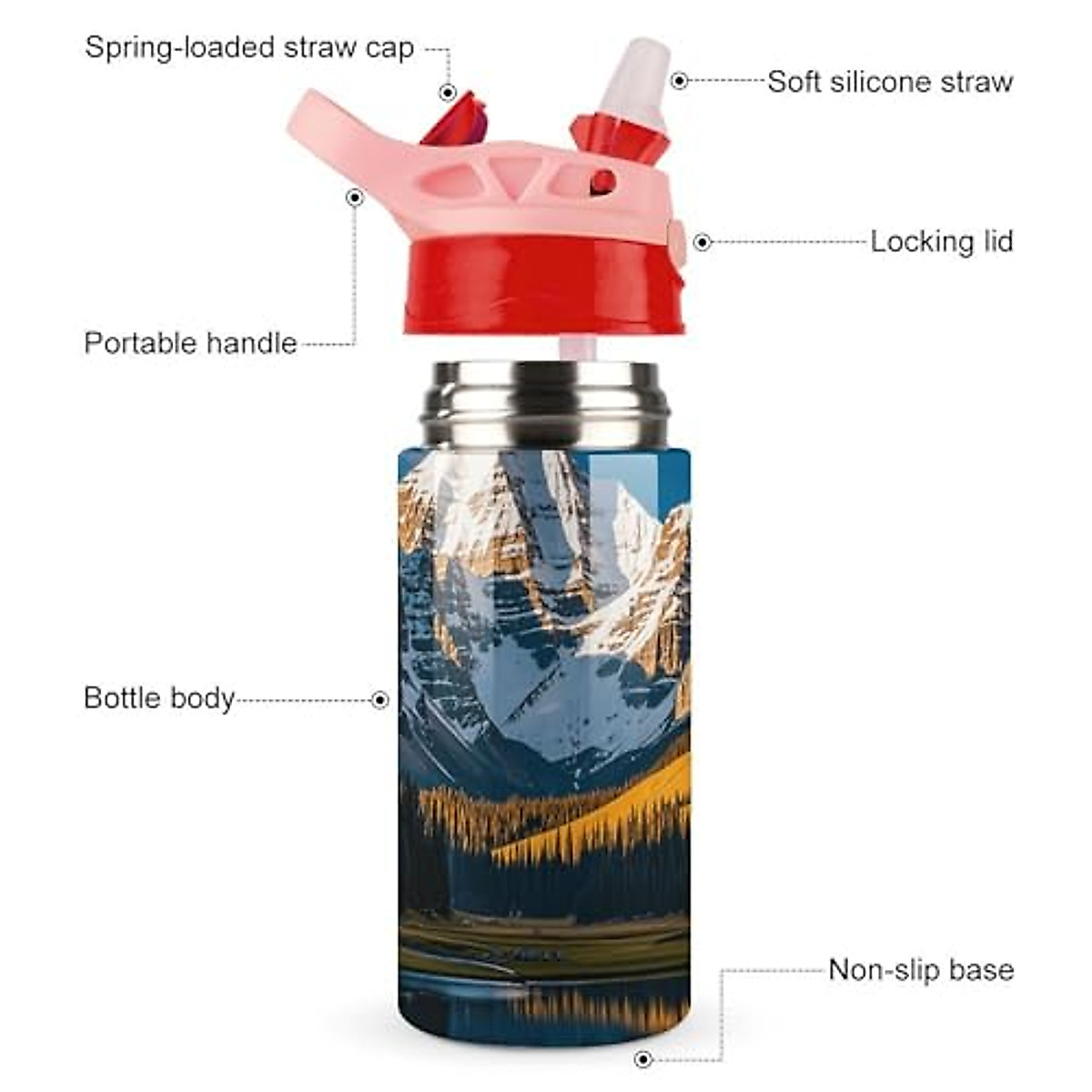 Stainless Steel Water Bottles Rocky Mountain Range Travel Water Cups with Handle And Silicone Straw Drinking Cup with Leak Proof Lid Thermo Travel Mug for Women Men