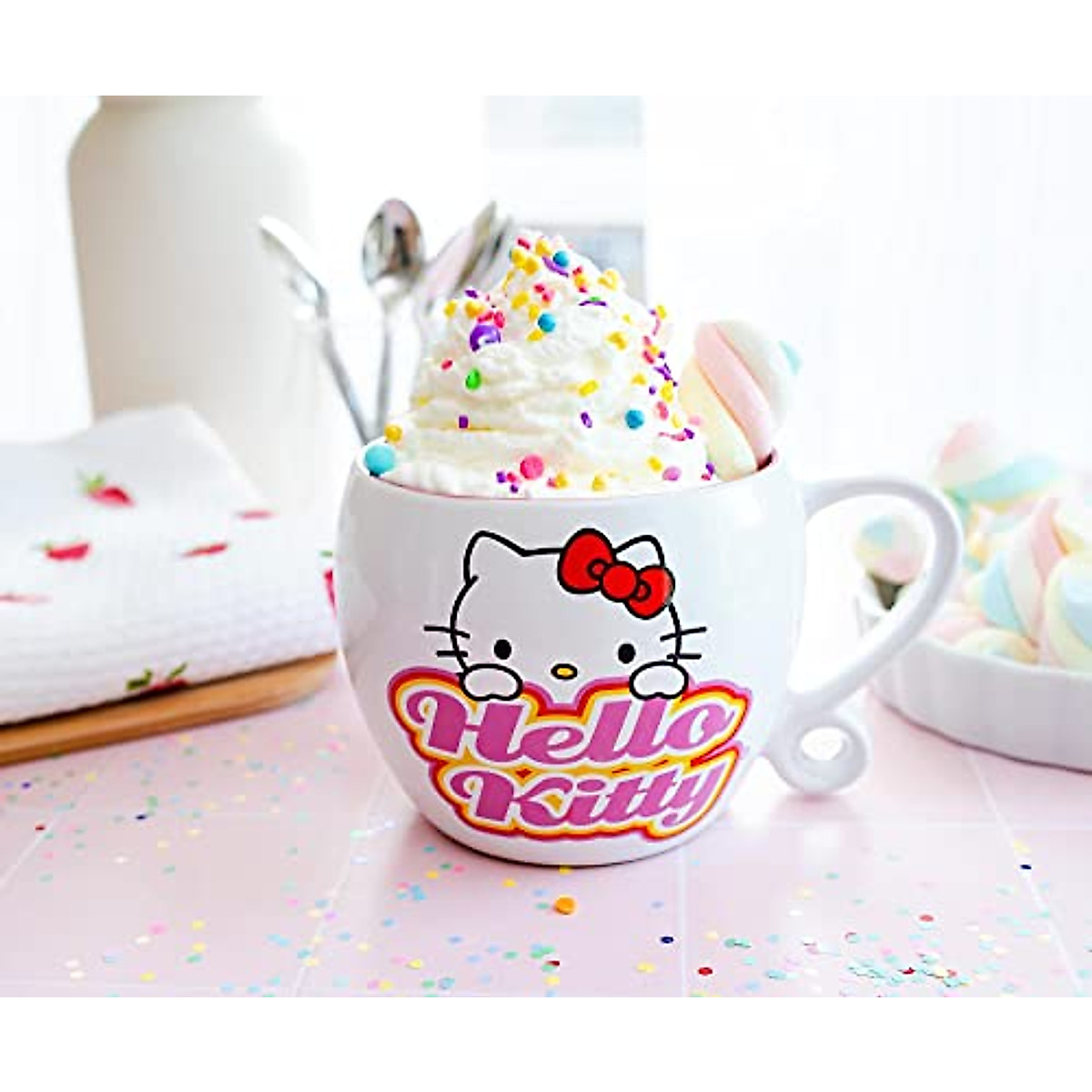 Sanrio Hello Kitty Hearts Ceramic Coffee Cup With Loop Handle | Mug For Tea, Espresso, Cocoa | Holds 16 Ounces