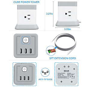 Power Strip with 4 Outlets 3 USB Ports, BEVA Cube Extension Cord Flat Plug Small Desktop Charging Station with 5ft Power Cable Multi Protection for Travel, Cruise Ship, Office, Dorm Room Grey