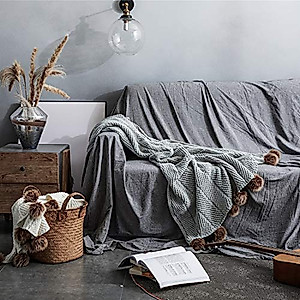 vctops Fur Pom Pom Knit Throw Blanket Super Soft Warm Cozy Cable Knitted Blanket for Sofa and Couch 51 x 63 Inch Light Grey