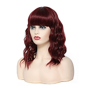 RemyAeki Red Wavy Wigs with Bangs for Women, Short Curly Bob Wigs Medium Shoulder Length, Burgundy Wine Red Synthetic Wigs Natural Looking 14 Inch