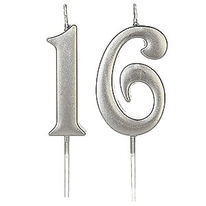 Silver 16th Birthday Candles for Cake, Number 16 1 6 Glitter Candle Party Anniversary Cakes Decoration for Kids Women or Men