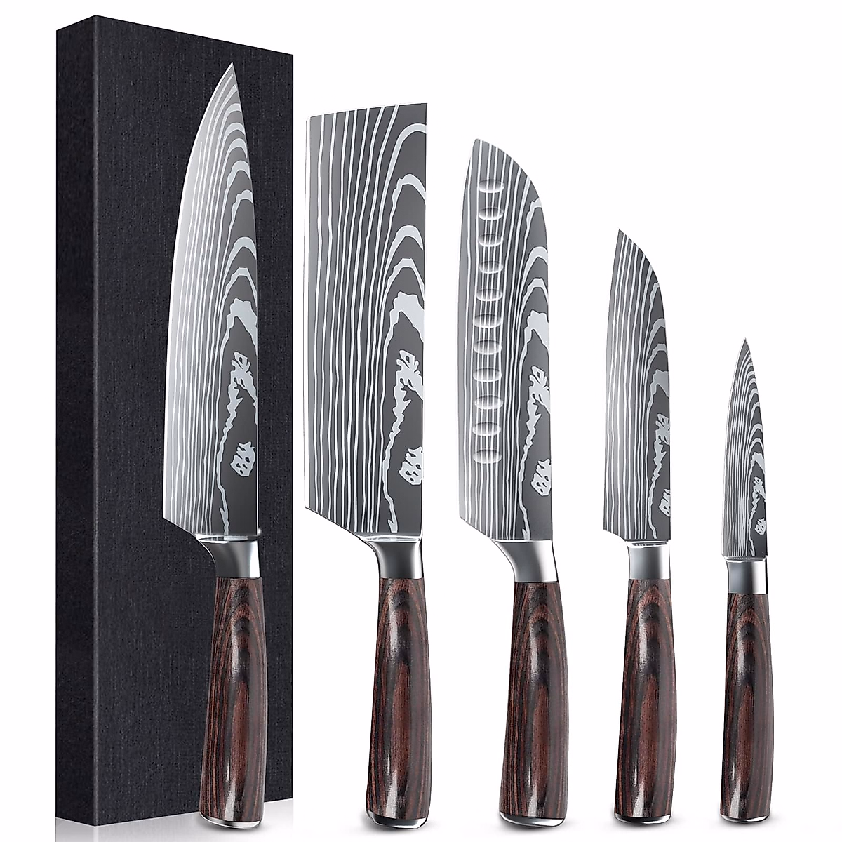 KEPEAK Kitchen Knife Set 5 piece, Chef Knife Santoku Cleaver Paring Knives High Carbon Steel, Pakkawood Handle for Vegetable Meat Fruit