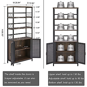 Aubtik Farmhouse Book Shelf with Storage, Industrial Tall Bookshellf with Doors and Shelves, Rustic Wood Bookcase with Cabinet for Home Office, Living Room, Classroom (Walnut Brown)